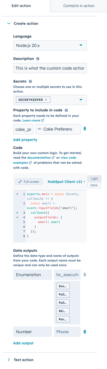 Workflows | Custom Code Actions - HubSpot docs